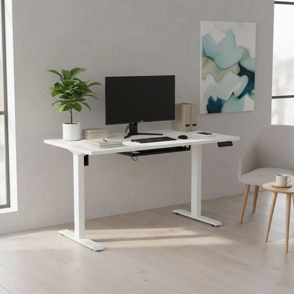 Výškově nastavitelný stůl OfficeTech B, 140 x 80 cm, bílá podnož, bílá