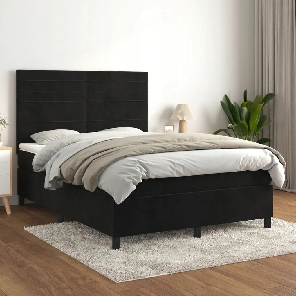 Box Spring Postel S Matrací Černá Samet Černá vodorovné pruhy 140 x 190 c