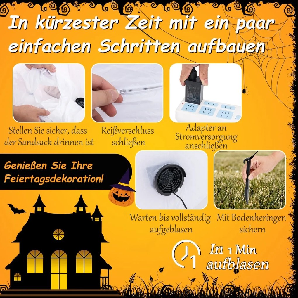 Costway 180 CM LED nafukovací halloweenský duch s dýní Venkovní hrozná dekorace