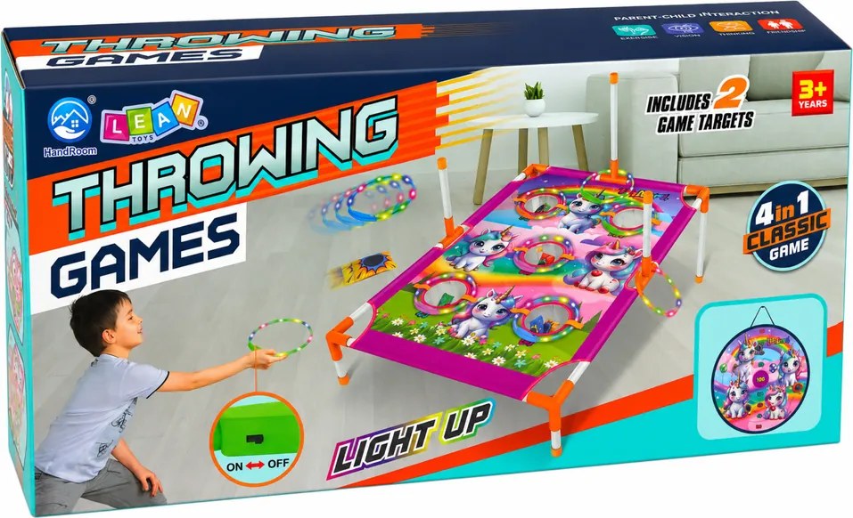 LEAN Toys Obratnostní hra „Hod na terč“ 4 v 1 – terč, deska, jednorožci, obruče, frisbee