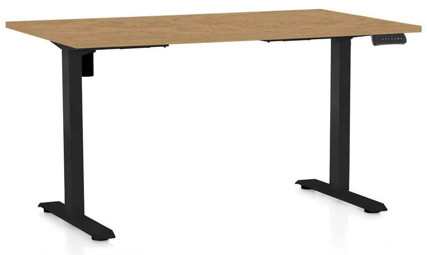 Výškově nastavitelný stůl OfficeTech B, 140 x 80 cm, černá podnož, dub kamenný