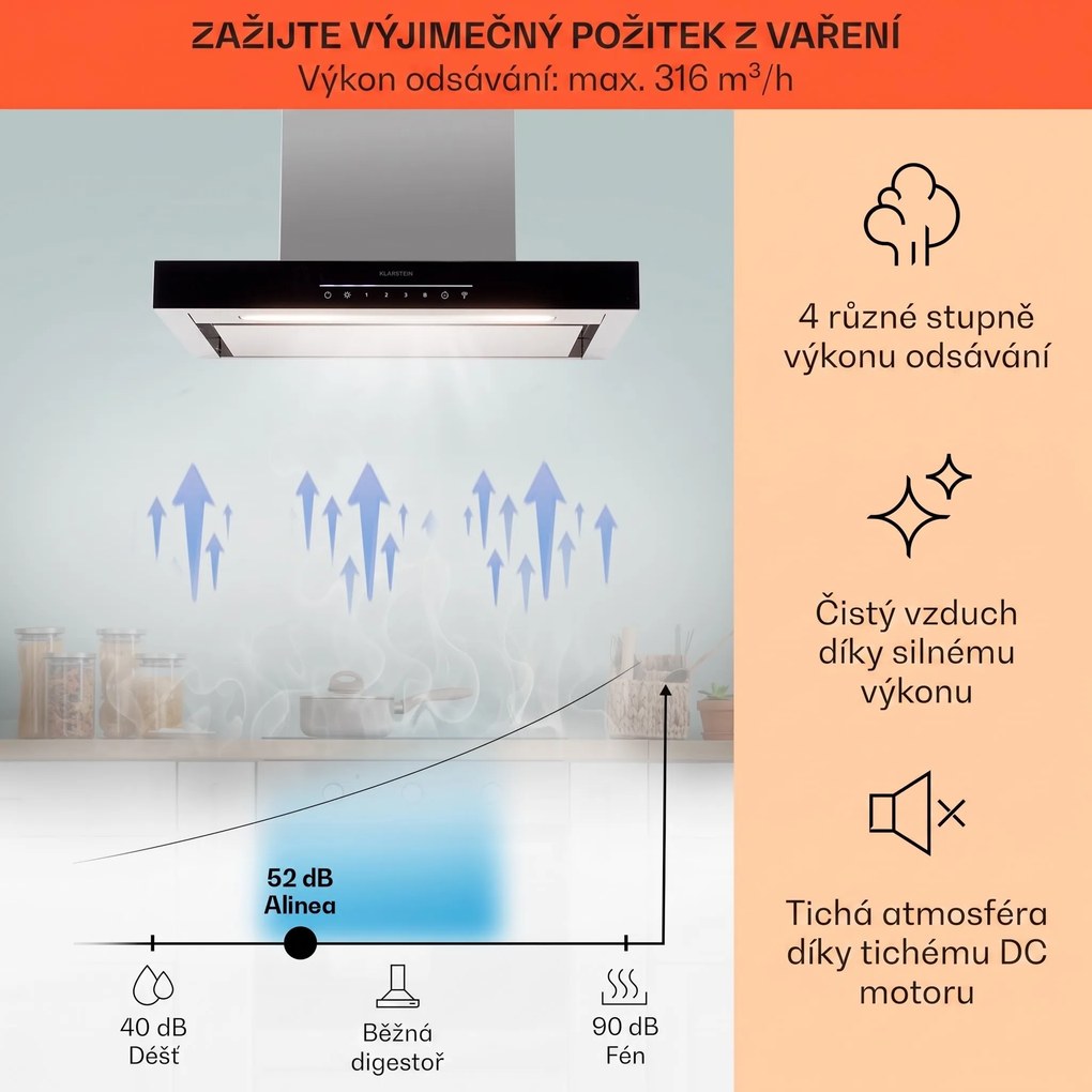 Klarstein Alinea 60 Smart, digestoř, 60 cm, nástěnná, 555 m³/h, Wi-Fi, A++, dotykový displej