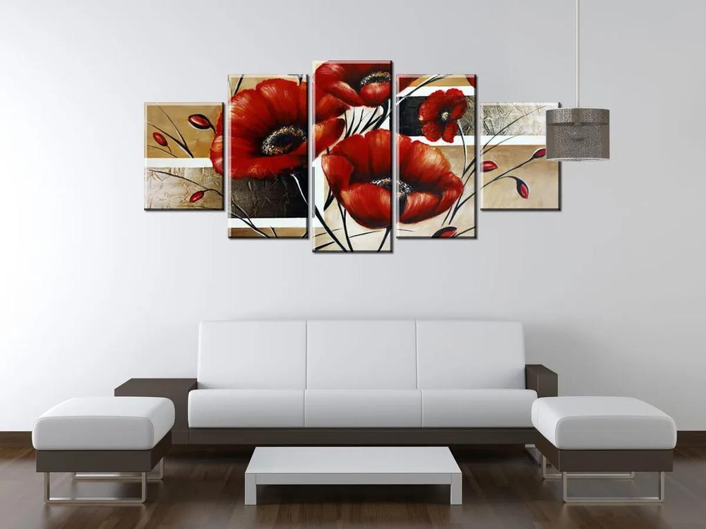 Gario Ručně malovaný obraz Polní mák - 5 dílný Rozměry: 150 x 70 cm