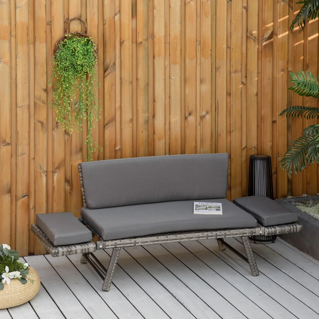 Outsunny polyratanová zahradní pohovka 2místná lounge pohovka šedá se sklopnými područkami ocel 129x63x67cm na zahradní terasu
