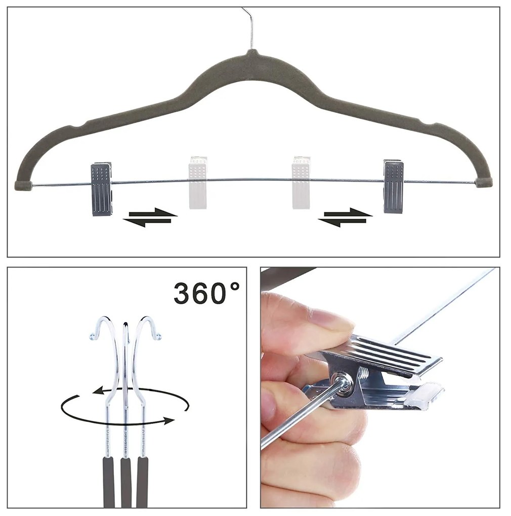 Ramínko na oděvy s klipsy 12 kusů - šedé