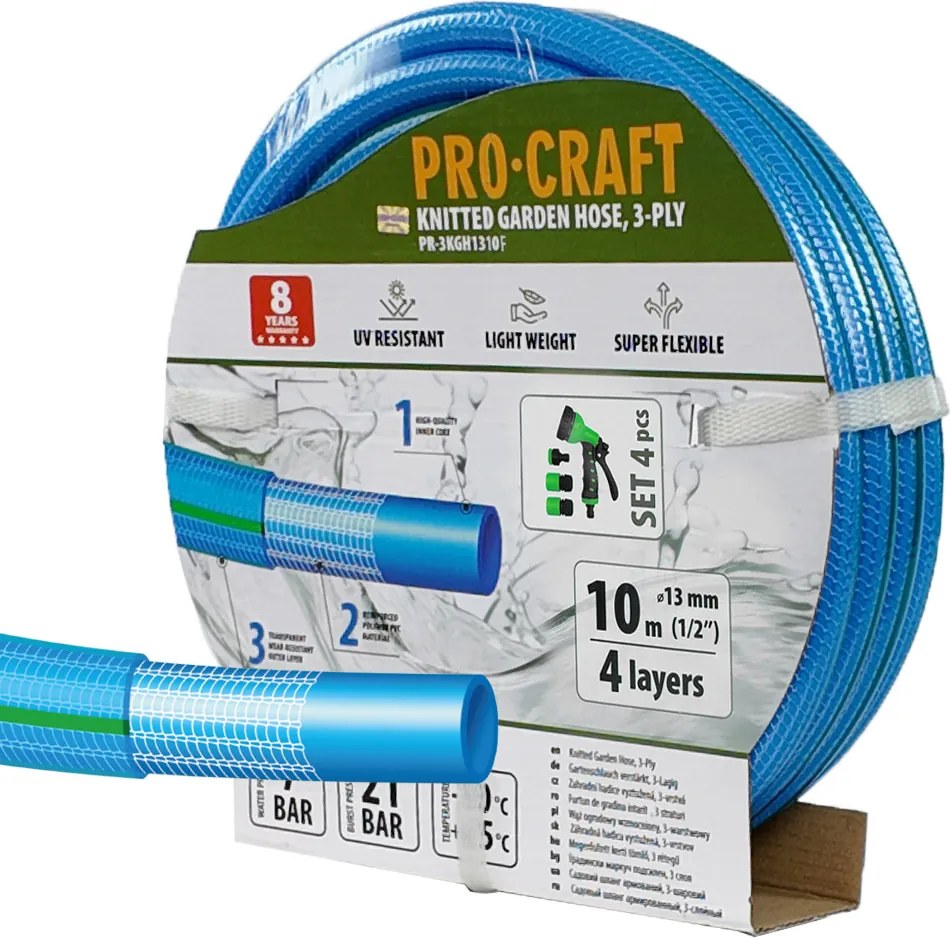 Procraft PR-3KGH1310F - modrá zahradní hadice, 3-vrstvá, 1/2", 10m, s příslušenstvím