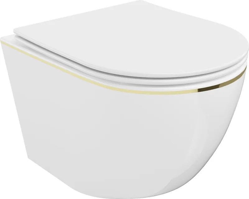 Mexen Lena wc mísa Rimless s pomalu klesající slim deskou, duroplast, bílá/zlatá linie - 30224005