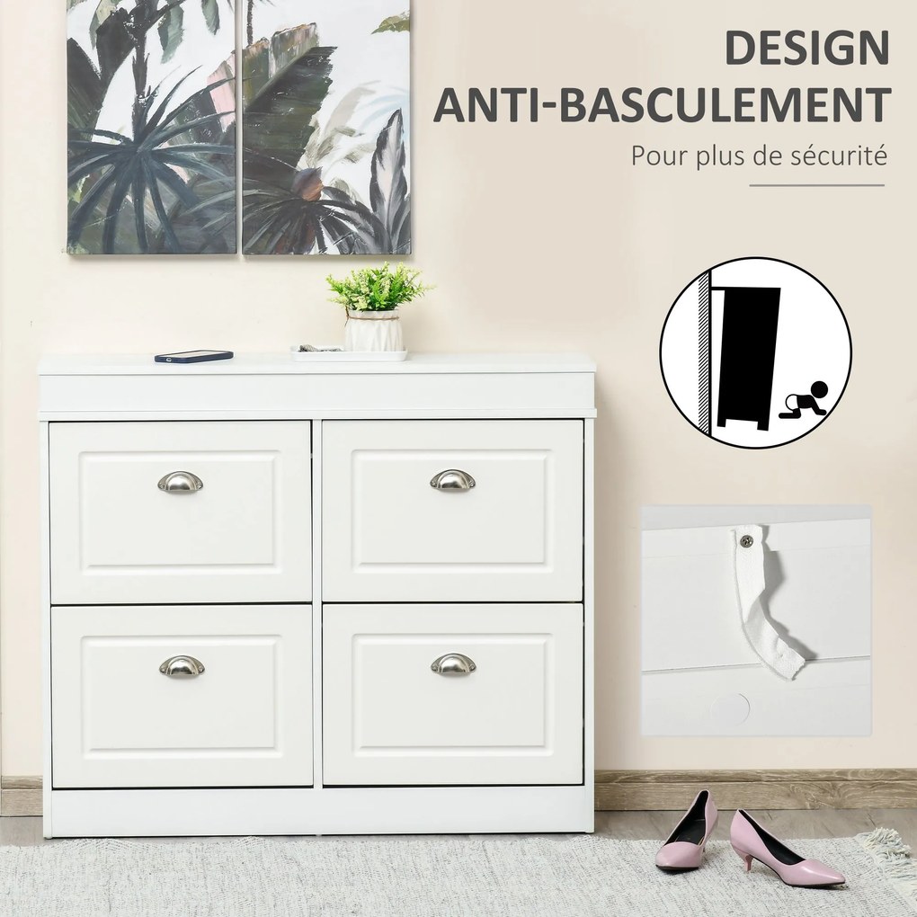 HOMCOM Skříň na boty Úložná jednotka na boty rozměry 98D x 24Š x 83V cm 4 výklopné dvířka Dvojitá úroveň MDF Bílá