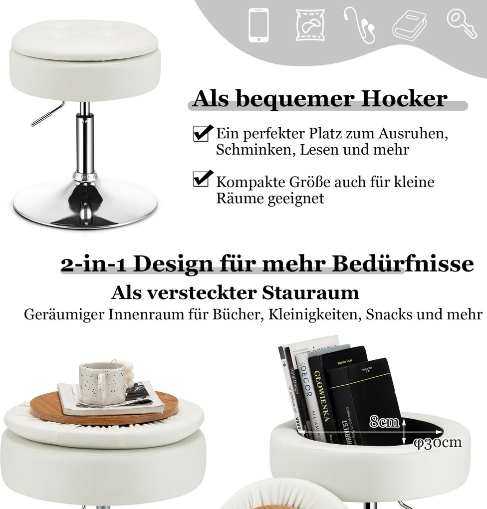 Costway Stolička na make-up s úložným prostorem otočná o 360° z umělé kůže bílé