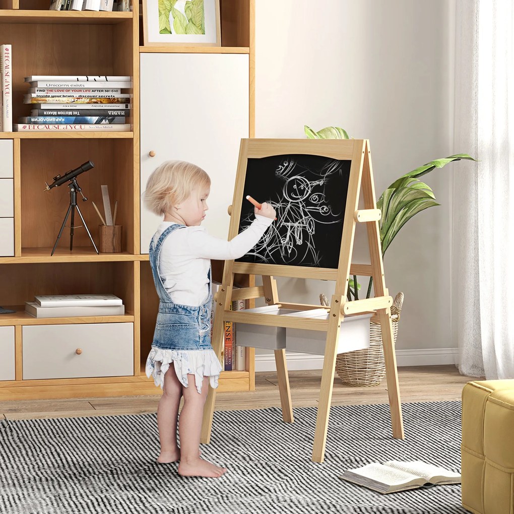 Dětský easel AIYAPLAY 3 v 1 s oboustrannou tabulí, dřevěný easel pro kreslení s papírovým válcem a 2 košíky 58x50,5x109 cm přírodní