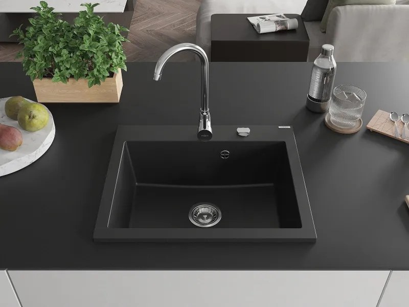 Mexen Elix granitový dřez s 1 komorou 600 x 500 mm, černý, sifon chrom - 6525601005-77