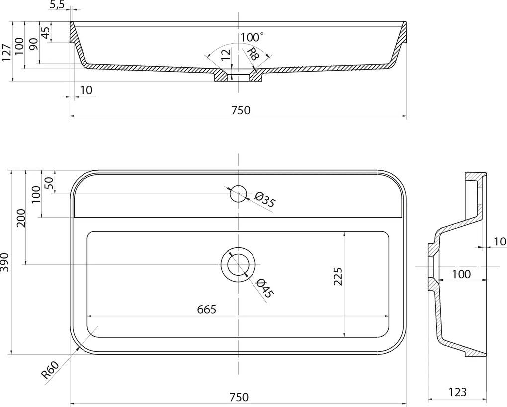 Sapho Brahea umyvadlo zápustné 75 x 39 cm s otvorem pro baterii bez přepadu Rockstone bílá mat BE775
