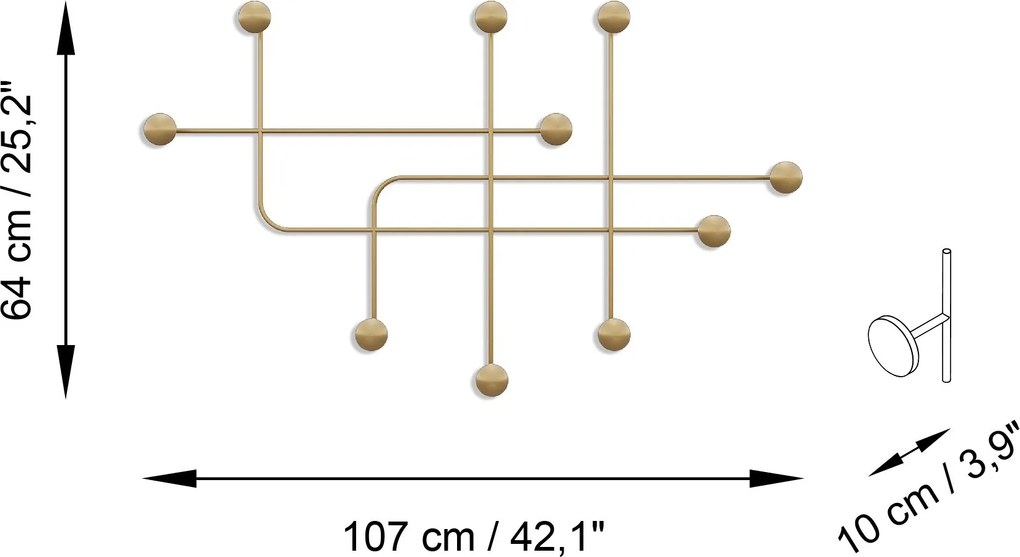 Nástěnný kovový věšák Samara 107 cm zlatý