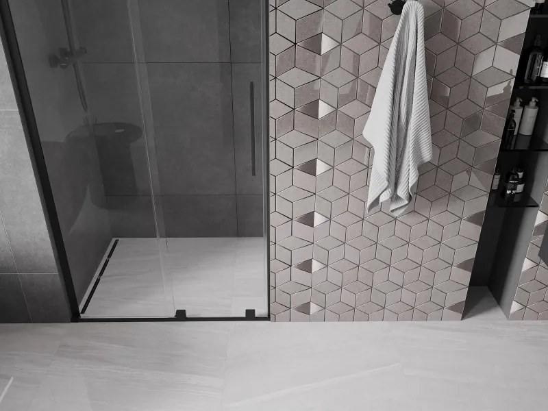 Mexen Velar L, posuvné sprchové dveře do otvoru 110 cm, 8mm čiré sklo, černá matná, 871-110-003-01-70
