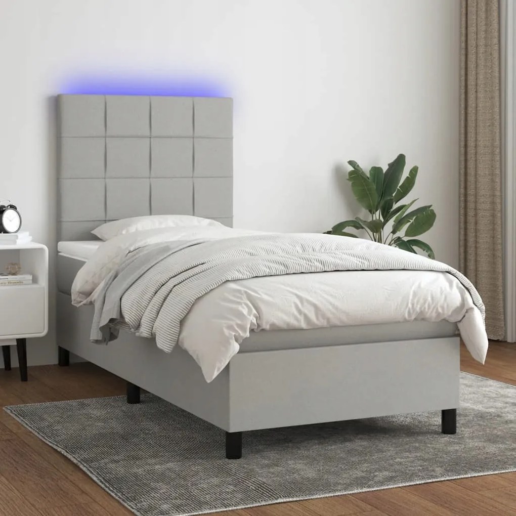 Box Spring Postel S Matrací A Led Textil Světle Šedá Blok se čtverci 100