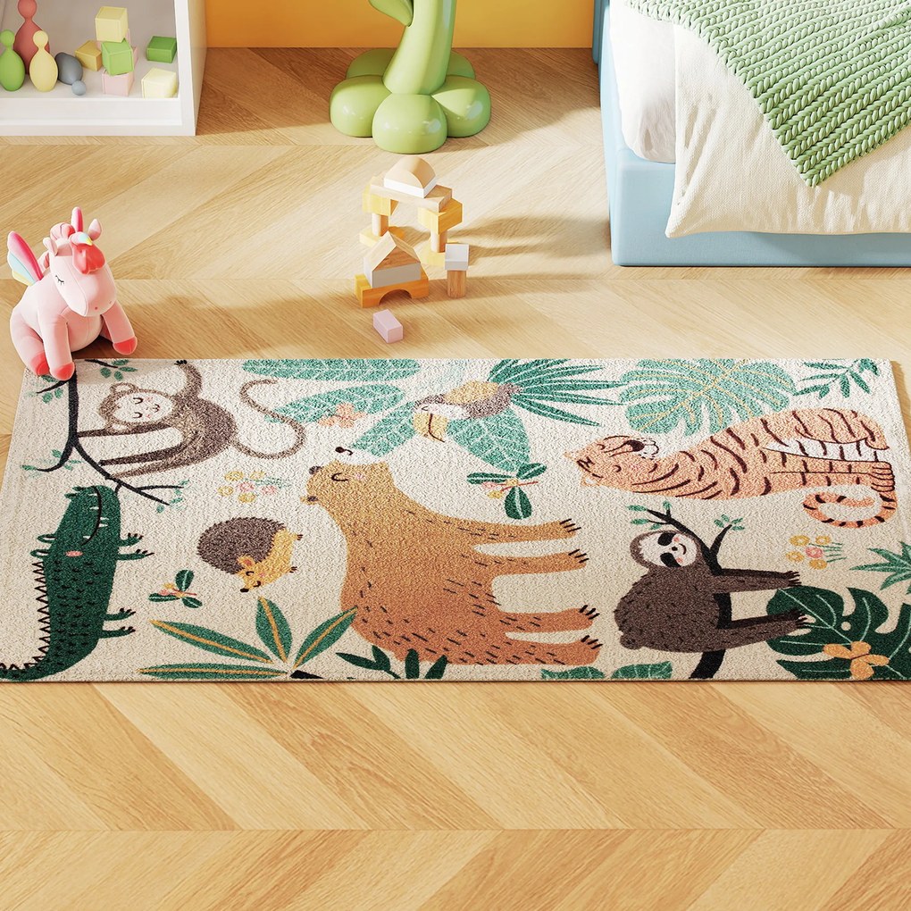Fleecový koberec se vzorem džungle, snadná údržba, krémově bílý + barevný
