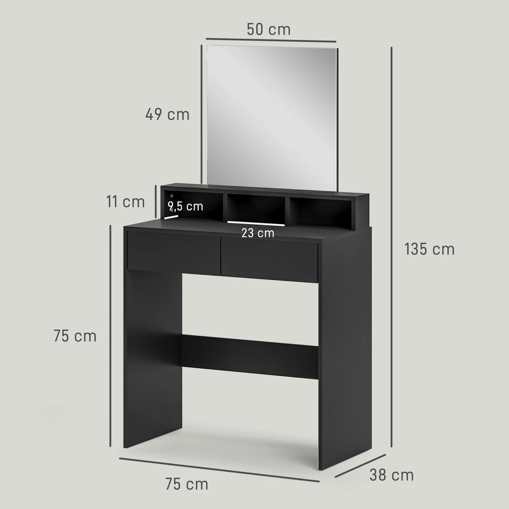 HOMCOM toaletní stolek se zrcadlem, 2 zásuvky, 3 přihrádky, toaletní stolek do ložnice 75 x 38 x 135 cm, černý