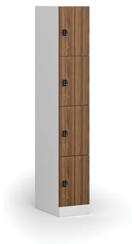 Šatní skříňka s úložnými boxy, 4 boxy, 1850 x 300 x 500 mm, kódový zámek, laminované dveře, ořech