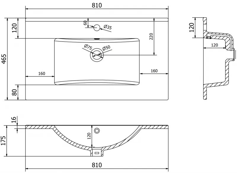 Mexen Atena, umyvadlo pro zapuštění do desky 81 x 46 cm, černá matná, 25018070