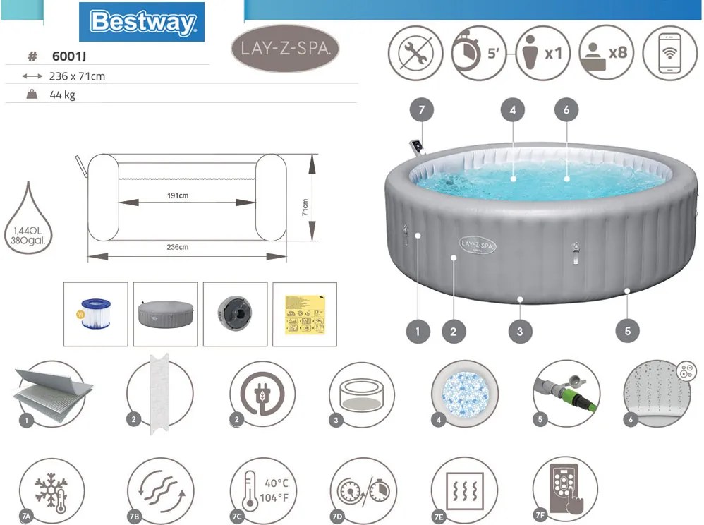 Bestway Vířivka Lay-Z-Spa Hawaii AirJet 8, hydromasáž, pro 6-8 osob, WiFi aplikace, 6001J J-BE6001J