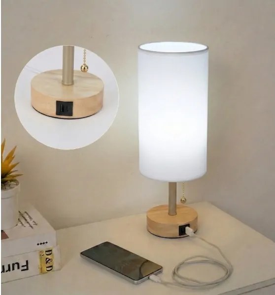 Brilagi - Stolní lampa s USB portem TABLON 1xE27/25W/230V dub/béžová/bílá