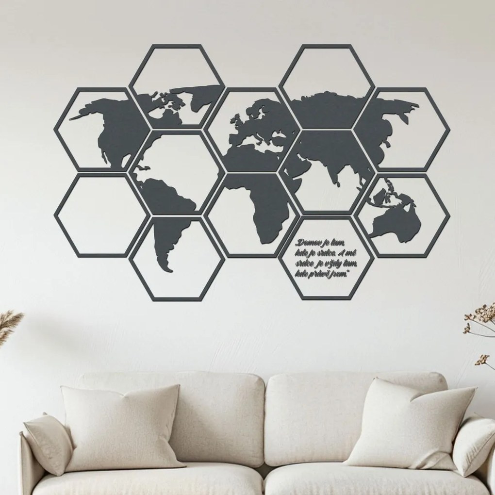 dřevo života Dřevěná mapa světa Hexagon Zvolte barvu dekoru: Antracitová, Rozměry (cm): 93x60