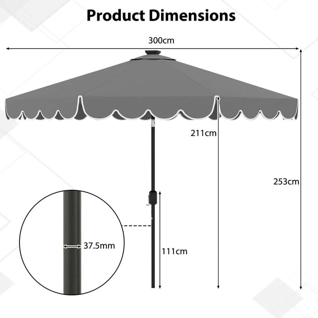 Costway 300 cm slunečník s LED osvětlením a klikou a záclonkou market, šedá