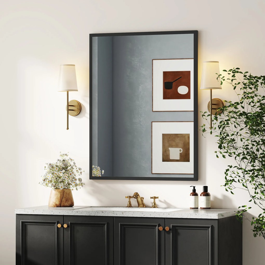 HOMCOM obdélné nástěnné zrcadlo 70 × 90 cm, černý rám z MDF — ideální do koupelny, obýváku nebo ložnice
