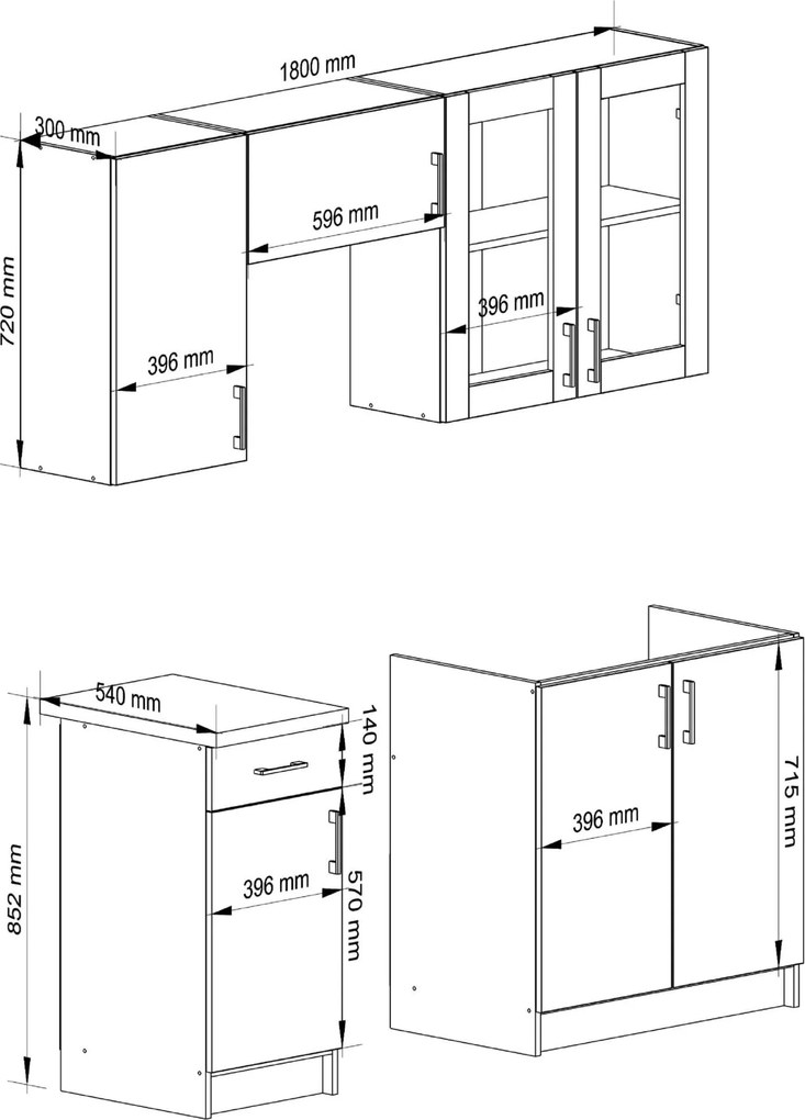 Kuchyňská linka Olivie 1,8 m H720 prosklená bílá/dub sonoma