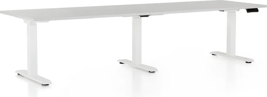 Výškově nastavitelný stůl OfficeTech Long, 260 x 80 cm, bílá podnož, světle šedá