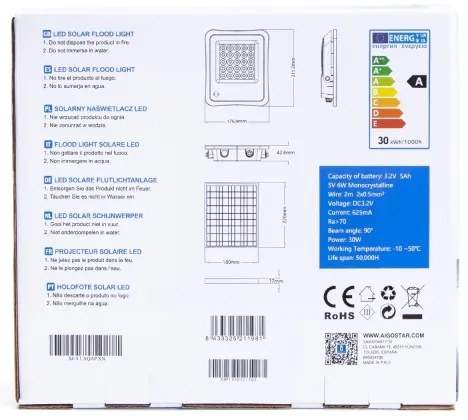 Aigostar - LED Stmívatelný solární reflektor LED/30W/3,2V IP67 + DO