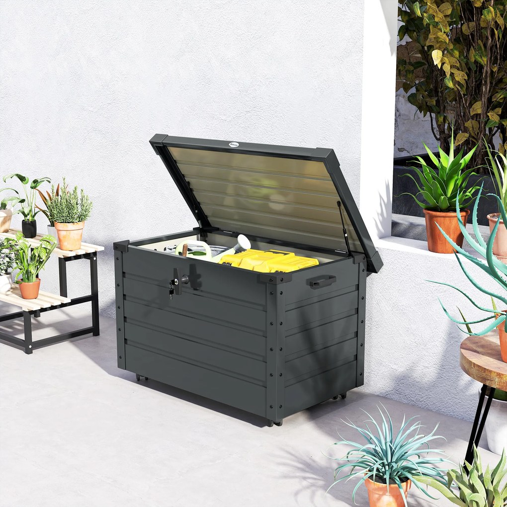 Zahradní box Outsunny, úložný box na kolečkách, úložný box se zámkem, rukojeť, zahradní truhla na balkon, terasu 100 x 62 x 65 cm, tmavě šedý