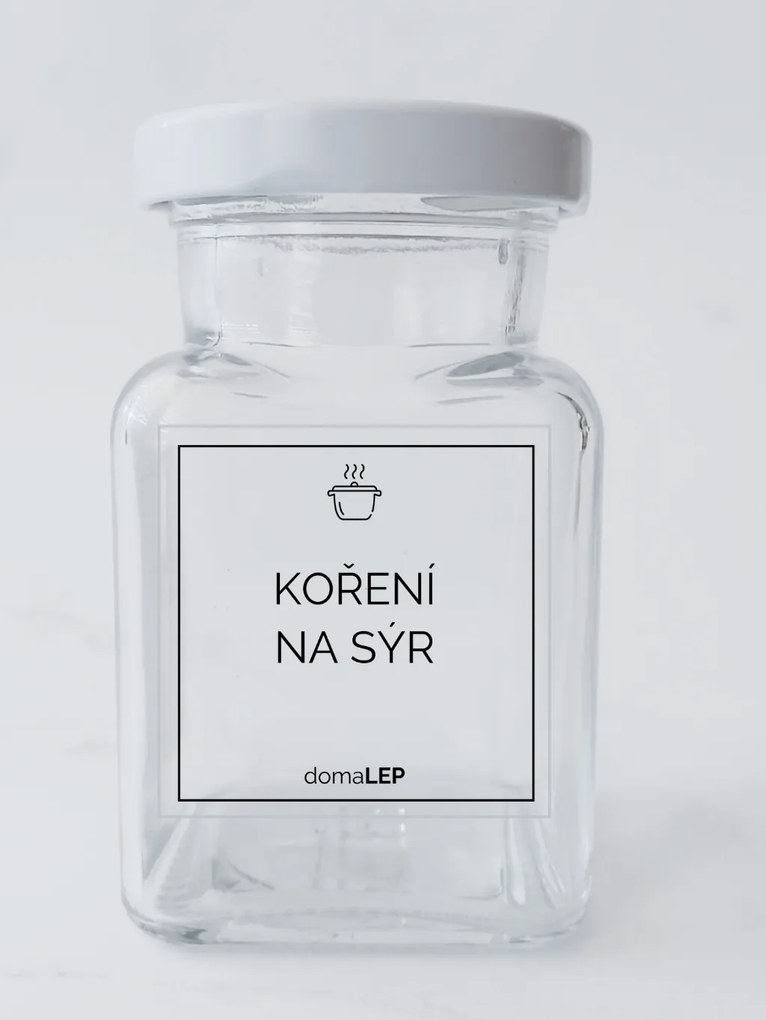 Samolepka na kořenky KOŘENÍ NA SÝR průhledná 5 × 5 cm základní písmo