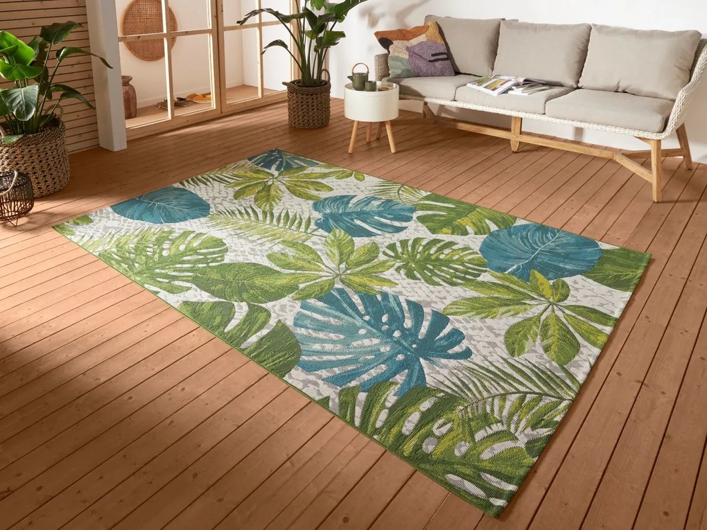 Kusový koberec Flair 105617 Tropical Leaves Turqouise Green – na von aj na doma, 120x180, viacfarebná, chodba / predsieň, Hanse Home