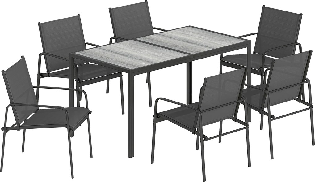 Outsunny Sada zahradního nábytku sedací souprava 150 x 80 cm stůl se 6 prodyšnými židlemi vzhled dřeva ocelový rám černý