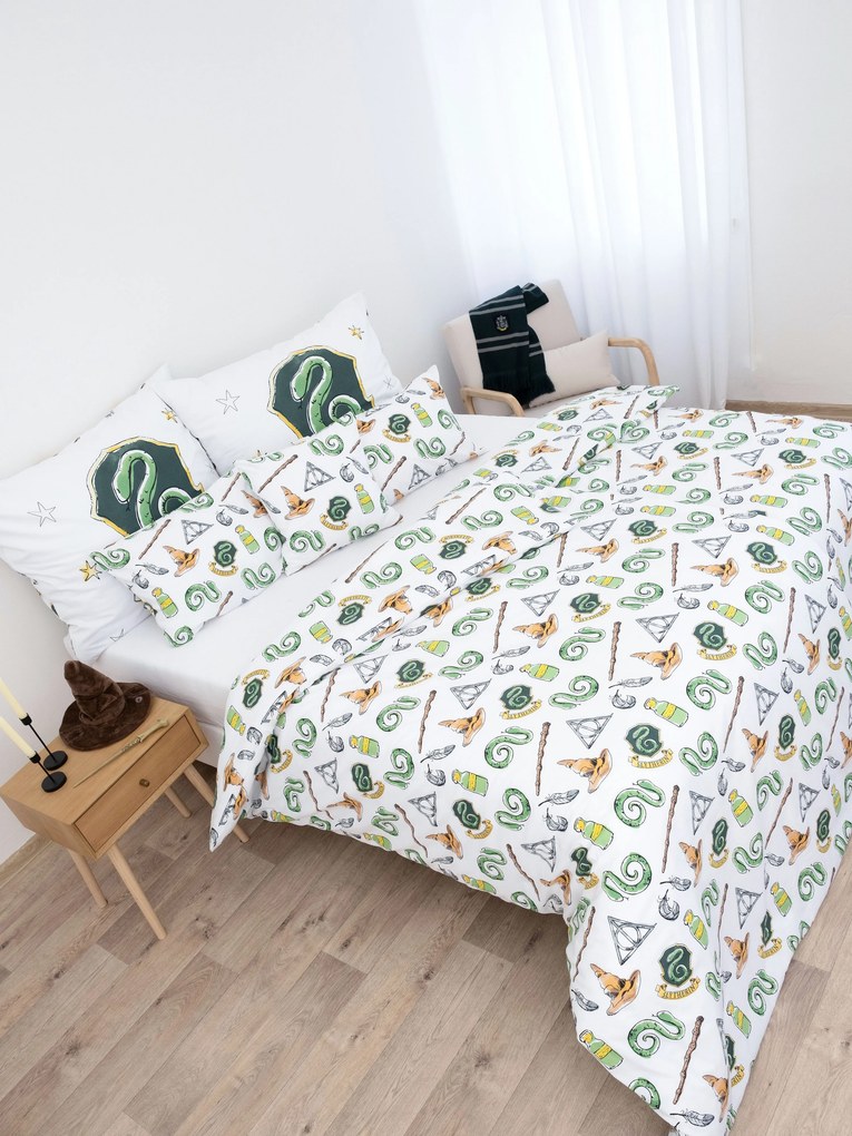 MK Lůžkoviny Prodloužené bavlněné povlečení Renforcé - Zmijozel bílé 140 × 220 cm, 70 x 90 cm