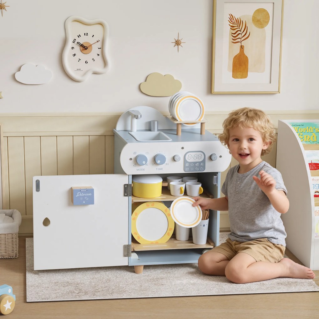 Sada kuchyňských dřezů, dřevěná myčka pro děti, 32 doplňků, MDF, pro děti od 3 let, světle modrá