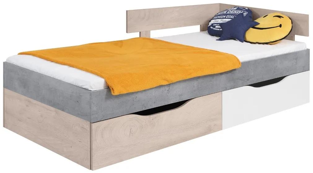 Dětská postel Omega 90x200cm s úložným prostorem - bílá/dub/beton