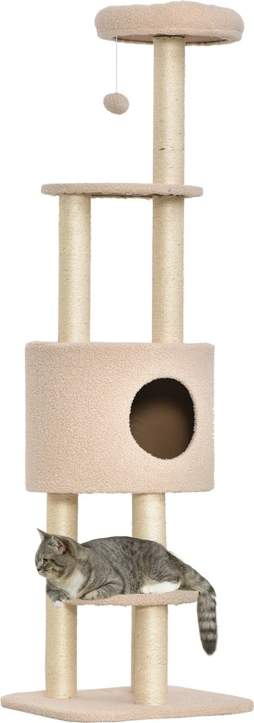 PawHut Kočičí škrabadlo Výška 148 cm Kočičí věž se sisalovými sloupky 3 platformy Dům a zavěšená kulička Béžová