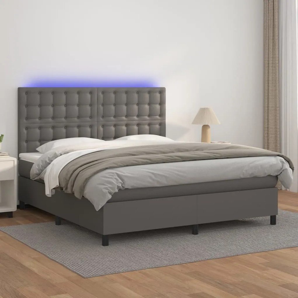 Box spring postel s matrací a LED šedá 180x200 cm umělá kůže