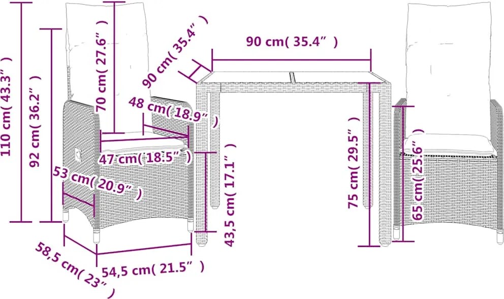 3dílný zahradní bistro set s poduškami černý polyratan 3276987