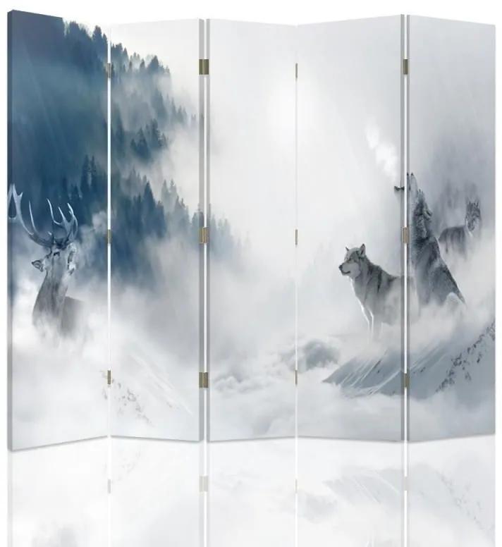 Ozdobný paraván Vlčí mlžný les - 180x170 cm, pětidílný, obustranný paraván 360°