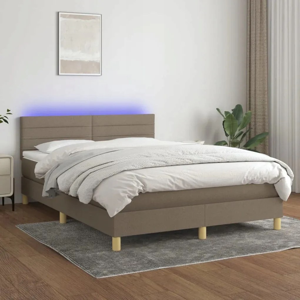 Box Spring Postel S Matrací A Led Textil Taupe vodorovné pruhy 140 x 200