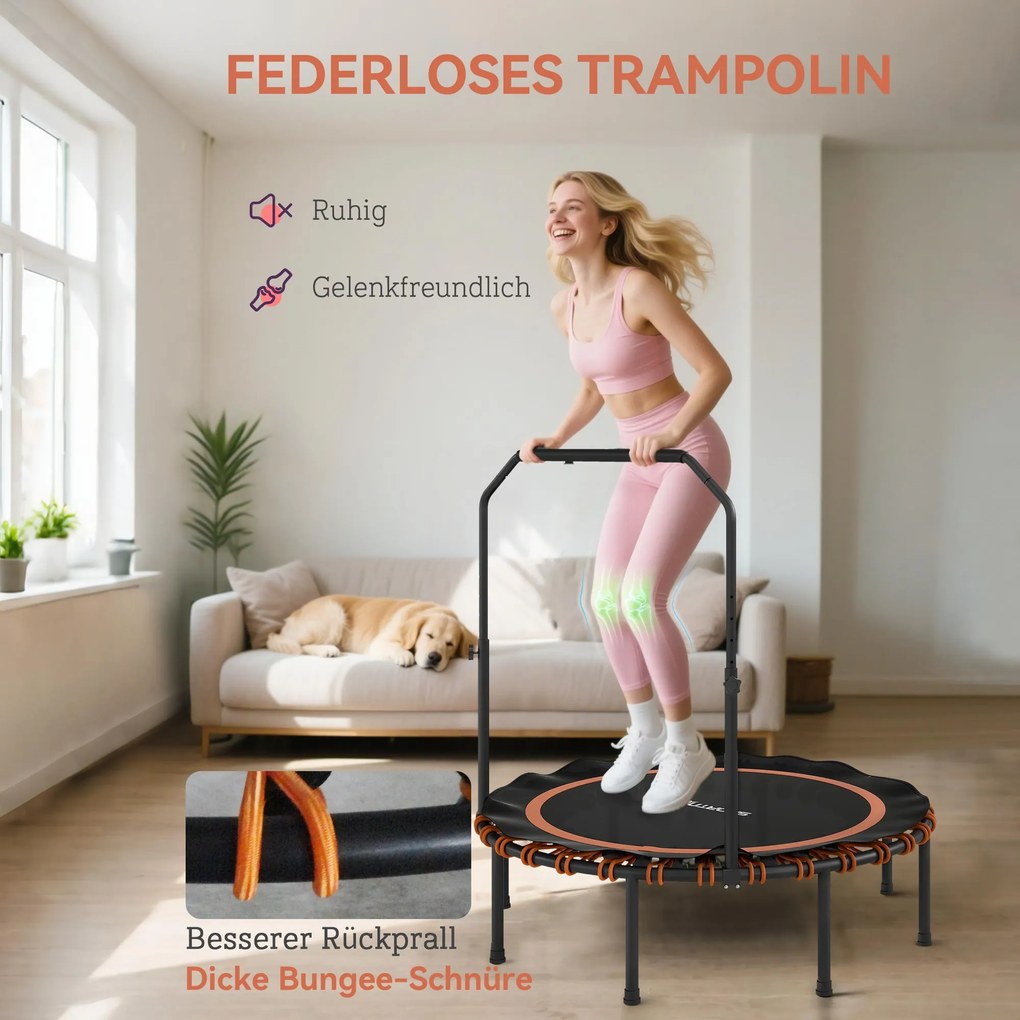 Fitness trampolína s nastavitelným zábradlím, sportovní trampolína pro vnitřní i venkovní použití, ocel, plast, oranžová barva