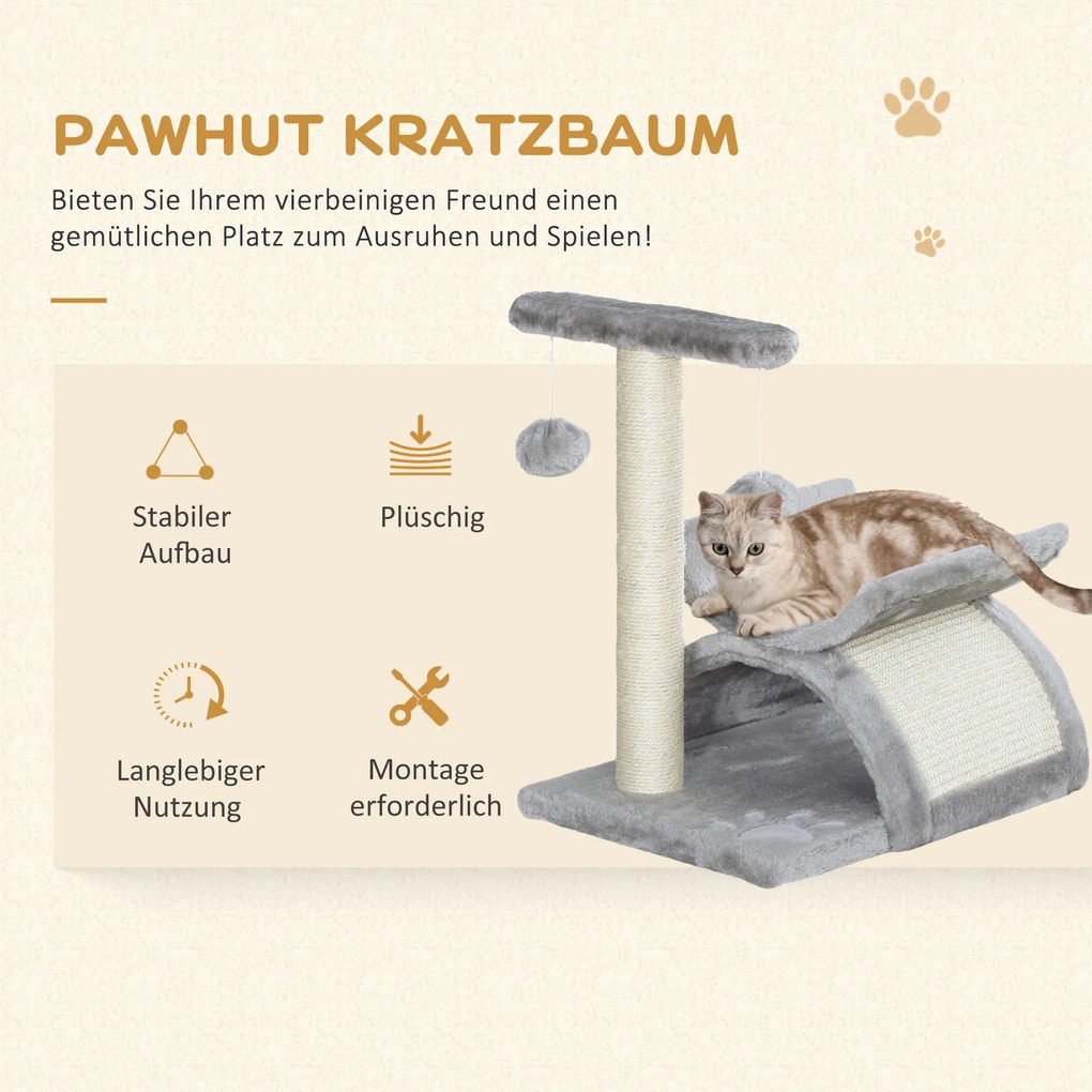 PawHut kočičí strom malý, 43H cm, do 10 kg, s lehací plochou, tunelem, míčkem na hraní, sisal, světle šedý