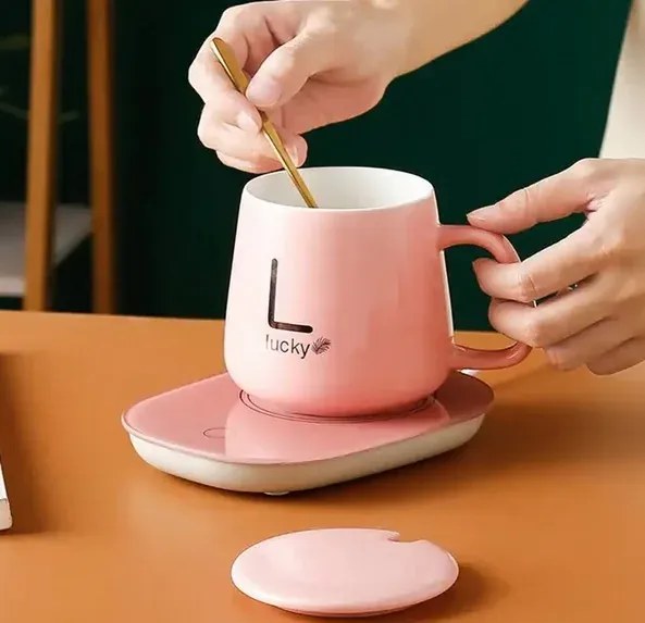 Sada keramického hrnku s elektrickým ohřívačem Lucky v dárkovém balení - pink