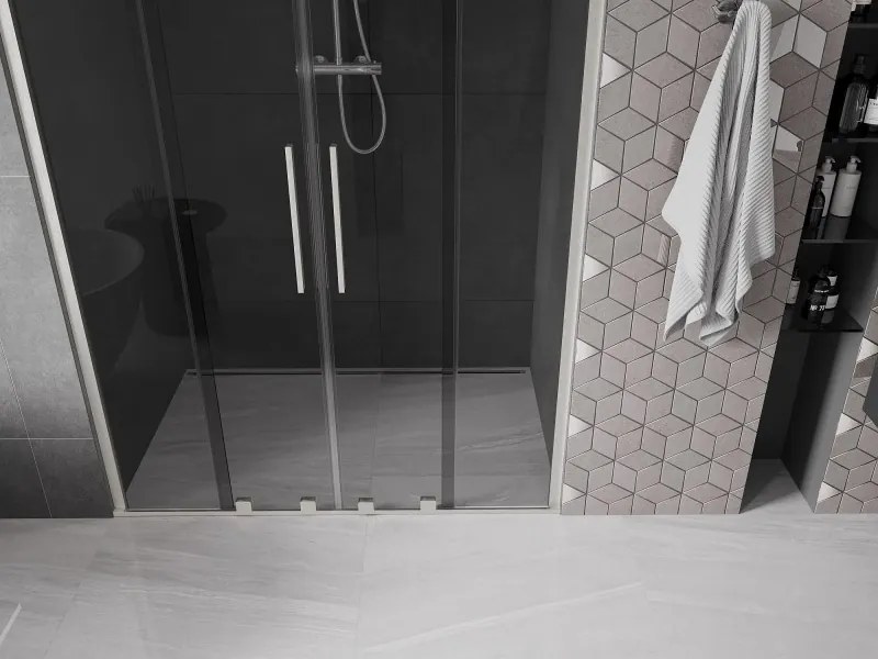 Mexen Velar Duo, posuvné sprchové dveře do otvoru 160 cm, 8mm šedé sklo, broušená ocel, 871-160-000-42-97