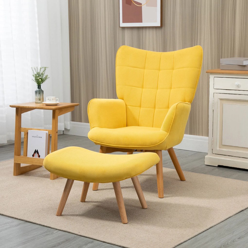 HOMCOM polohovatelné křeslo lounge wing chair s taburetem ve žluté barvě, křeslo s dřevěnými nohami, vzhled šňůry pro příjemné posezení
