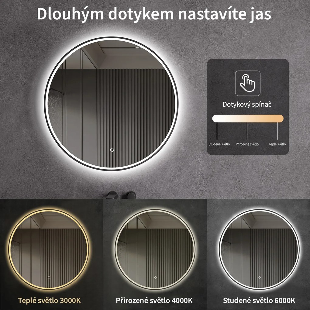 CERANO - Koupelnové LED zrcadlo Vito, kovový rám - černá matná - Ø 80 cm