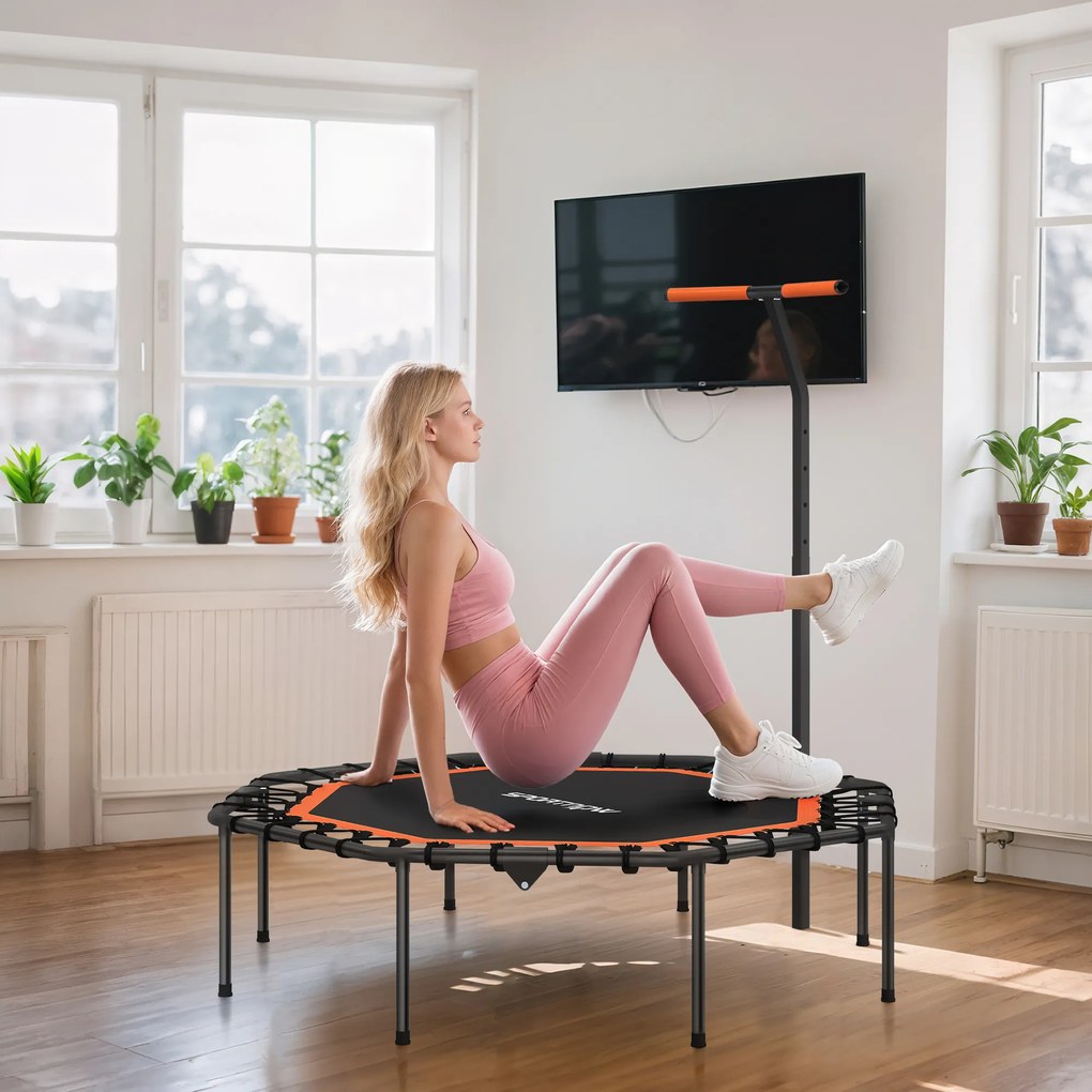 Fitness trampolína, tréninková trampolína s nastavitelnou rukojetí, stabilní a tichá, pro interiér, ocel, oranžová